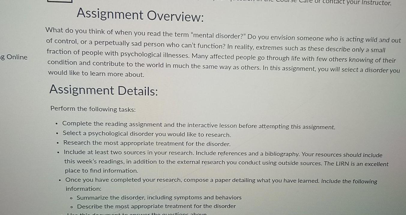 tact your Instructor. Assignment Overview: What do | Chegg.com