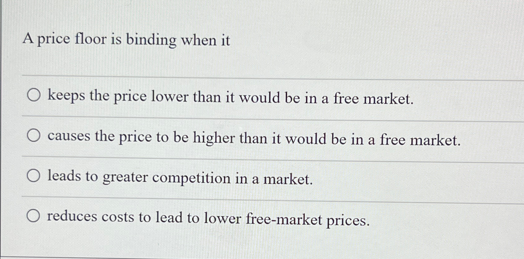 Solved A price floor is binding when itkeeps the price lower | Chegg.com