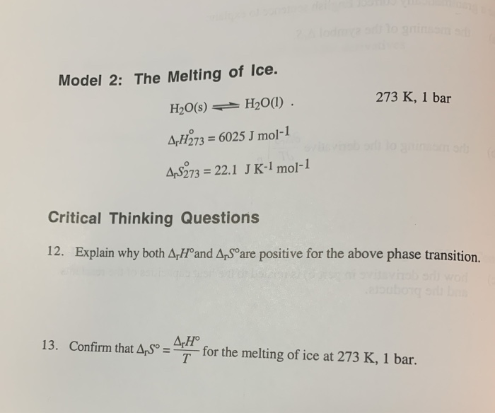 Solved Model 2: The Melting of Ice. 273 K, 1 bar H2O(s) | Chegg.com