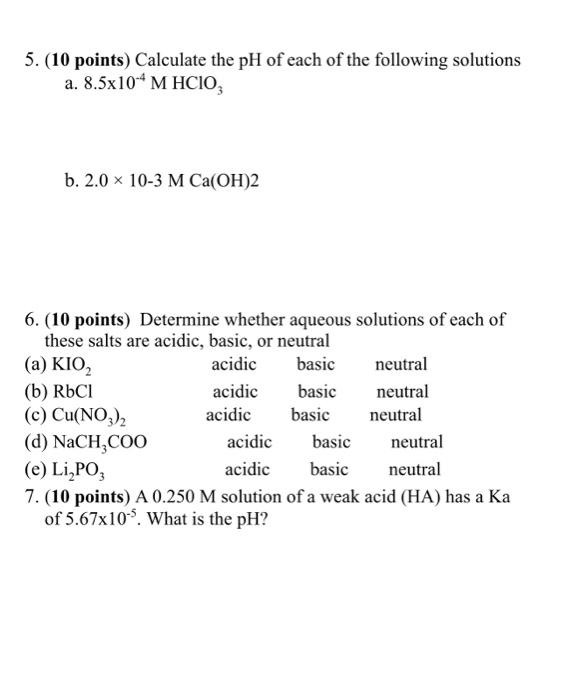 Solved 5. (10 points) Calculate the pH of each of the | Chegg.com