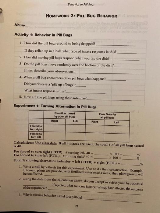Behavior in pil Bugs HOMEWORK 2: PILL BUG BEHAVIOR | Chegg.com
