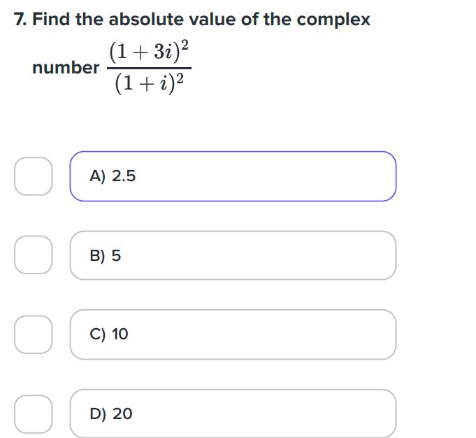 Solved Find the absolute value of the complexnumber | Chegg.com