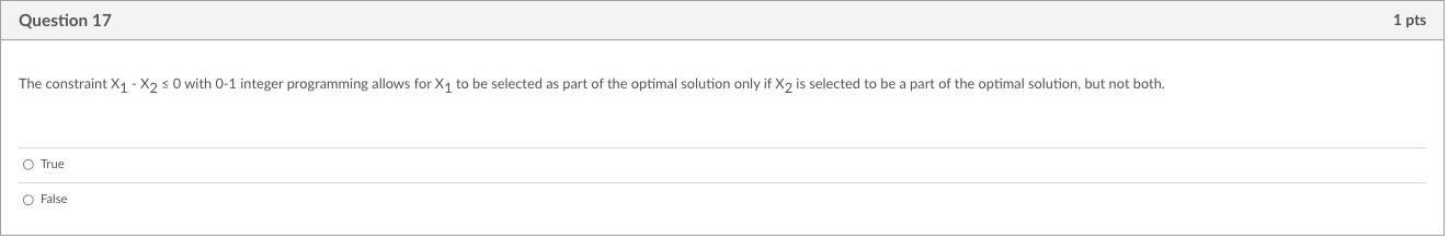 Solved Question 17 ﻿The constraint x1-x2≤0 ﻿with 0-1 | Chegg.com