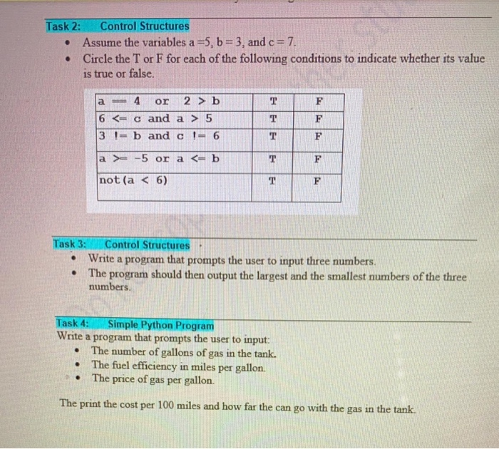 Solved . Task 2: Control Structures Assume the variables a | Chegg.com