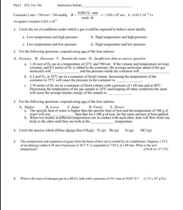 Solved Part I (Ch. 5-6, 10) Instructors Initials Constants: | Chegg.com
