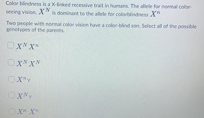 Solved Color blindness is a X-linked recessive trait in | Chegg.com