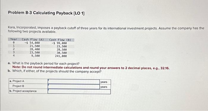 Solved Problem 8-3 Calculating Payback [LO 1] Kara, | Chegg.com