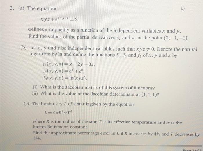 Solved 3. (a) The equation a xyz +etty+= 3 defines z | Chegg.com