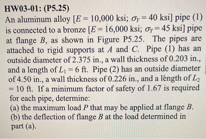 Solved An aluminum alloy [E=10,000ksi;σY=40ksi] pipe (1) is | Chegg.com