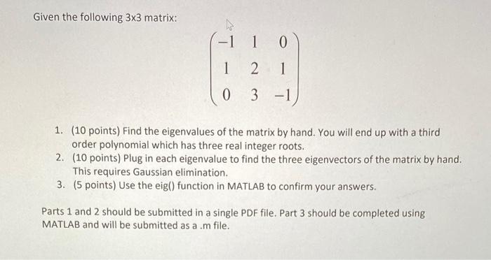 Solved Given the following 3x3 matrix: -1 1 0 1 2 1 0 3 -1 | Chegg.com