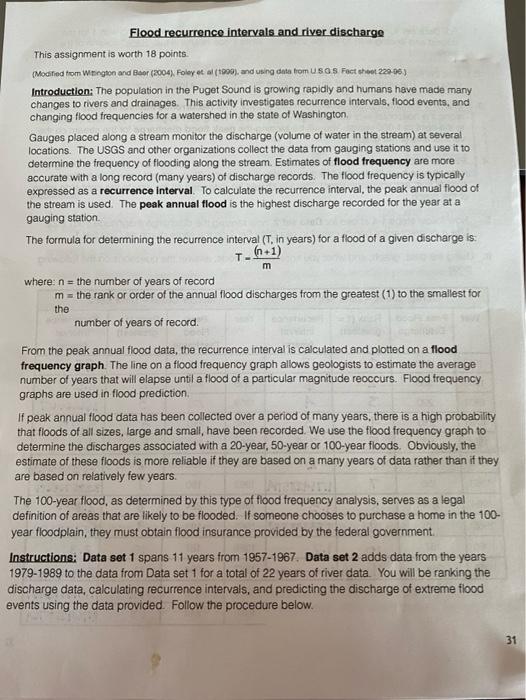 Flood recurrence intervals and river discharge This | Chegg.com