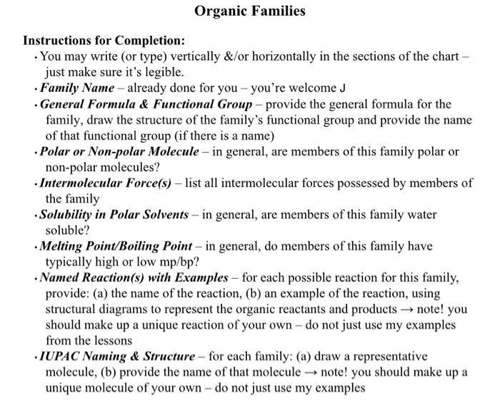 Solved Organic Families Instructions for Completion: • You | Chegg.com