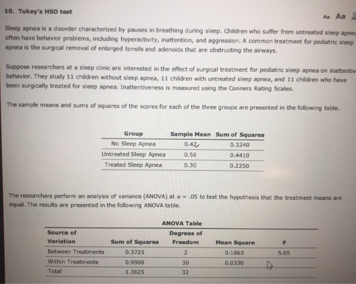 Solved 10. Tukey's HSD test Aa Aa Sleep apnea is a disorder | Chegg.com
