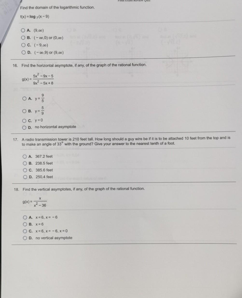 Solved Final Review Find the domain of the logarithmic | Chegg.com
