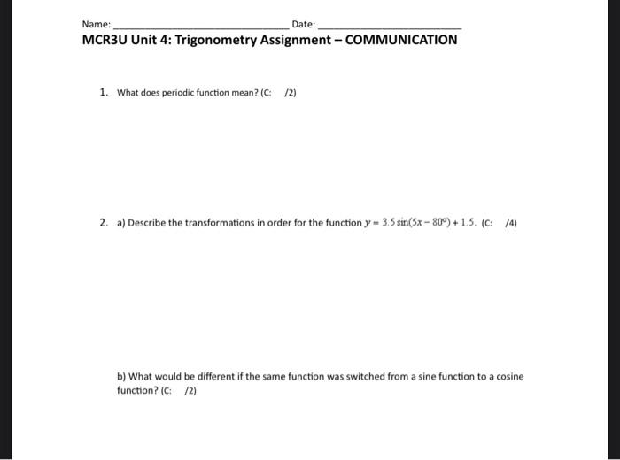 Solved MCR3U Unit 4: Trigonometry Assignment - APPLICATION | Chegg.com