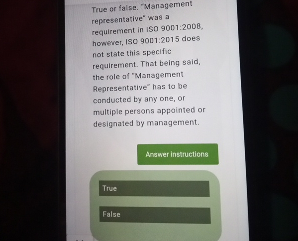 Solved True or false. "Management representative" was a | Chegg.com