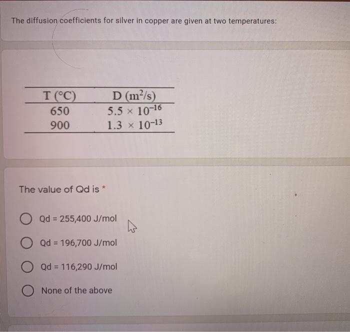 Solved The diffusion coefficients for silver in copper are | Chegg.com