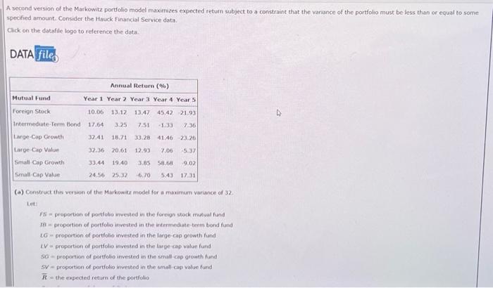 Solved A second version of the Markowitz portolio model | Chegg.com