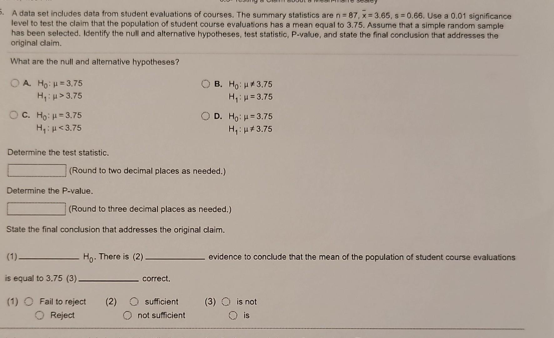 Solved A data set includes data from student evaluations of | Chegg.com