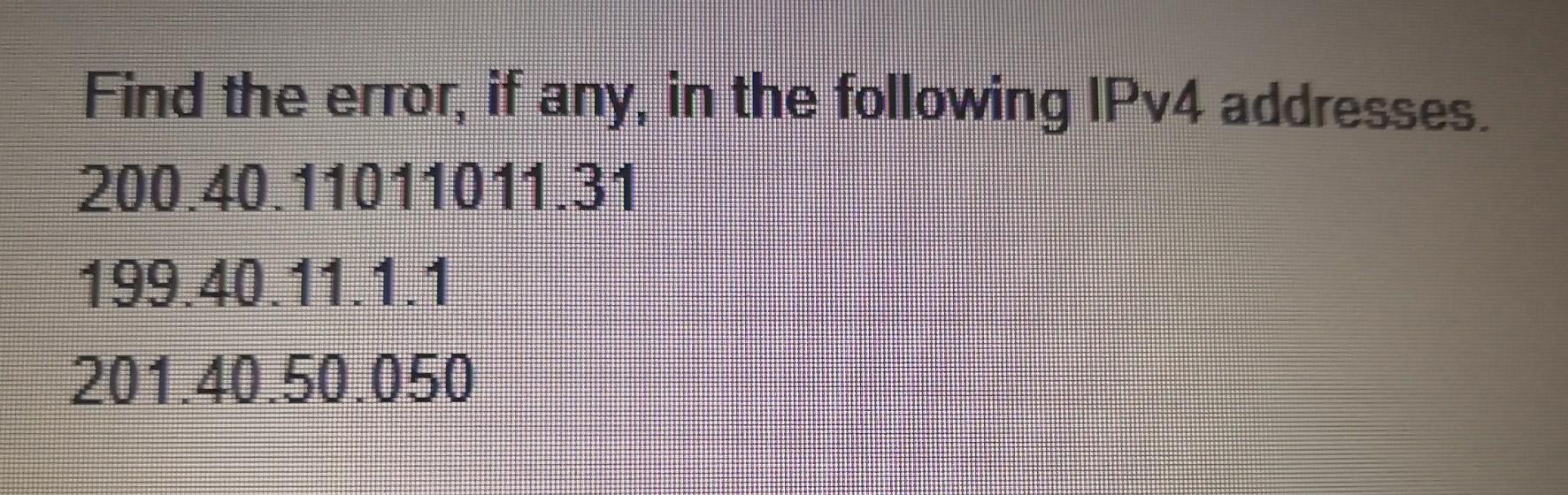 Solved Find the error, if any, in the following IPv4 | Chegg.com