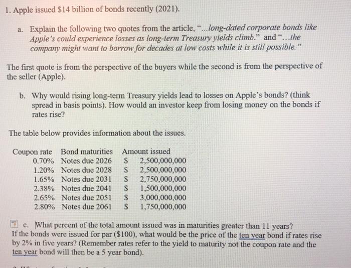 Solved 1. Apple issued $14 billion of bonds recently (2021). | Chegg.com