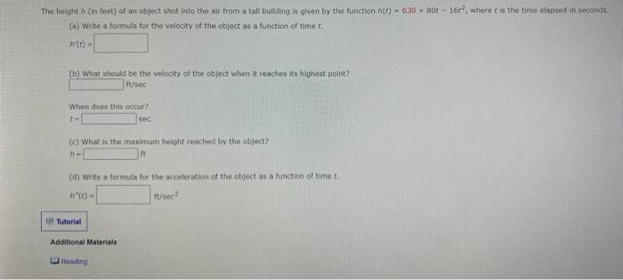Solved The height h (in feet) of an object falling from a | Chegg.com