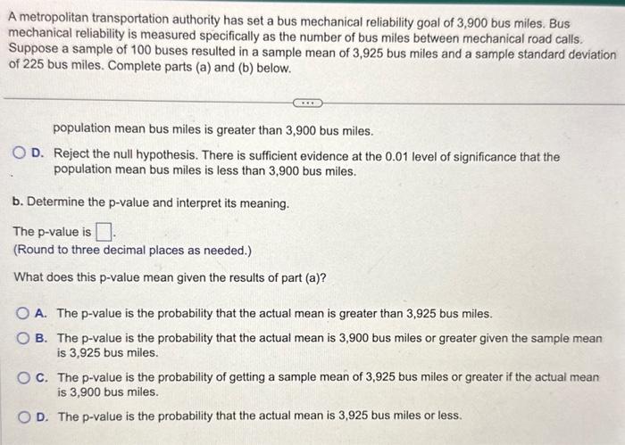 Solved A metropolitan transportation authority has set a bus | Chegg.com