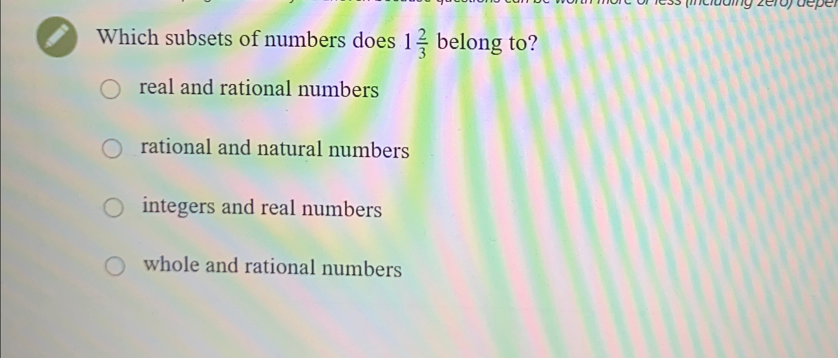 Solved Which subsets of numbers does 123 ﻿belong to?real and | Chegg.com