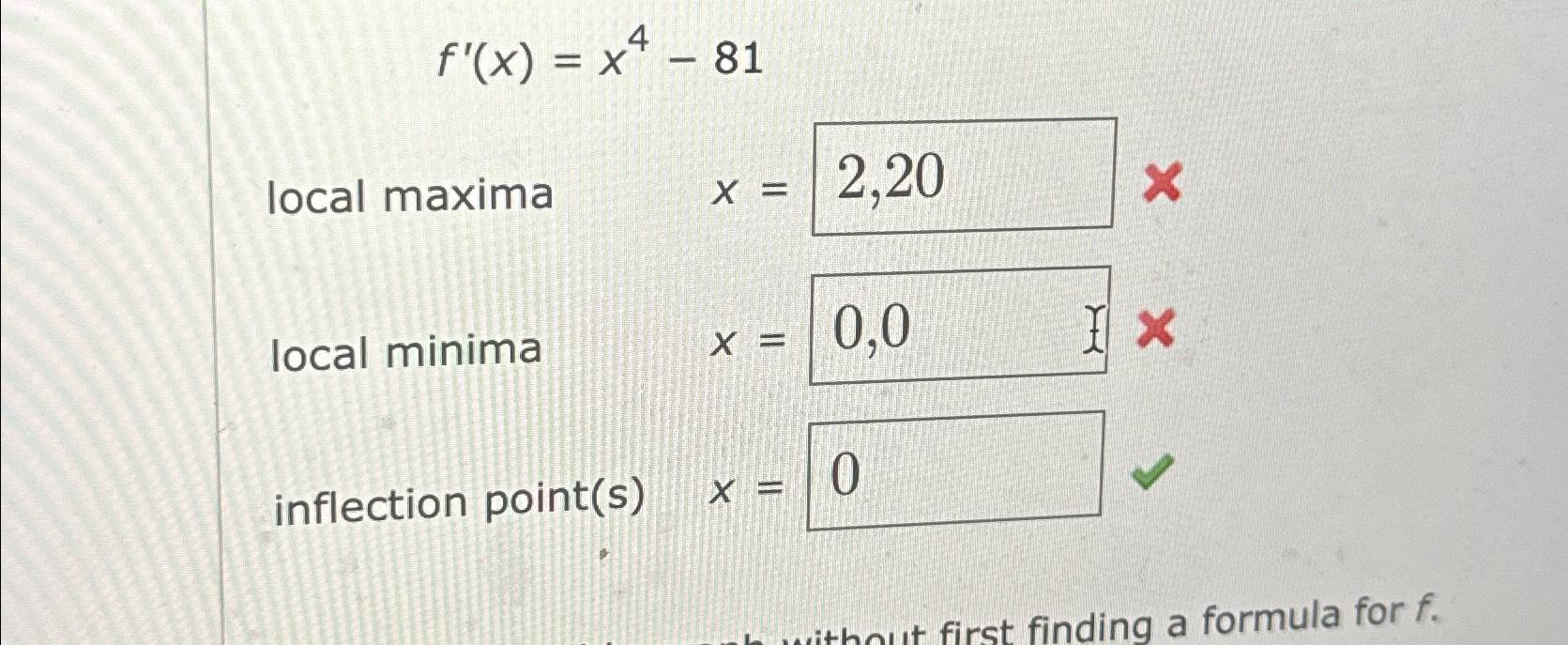 Solved f'(x)=x4-81local maxima ,x=local minima ,x=inflection | Chegg.com
