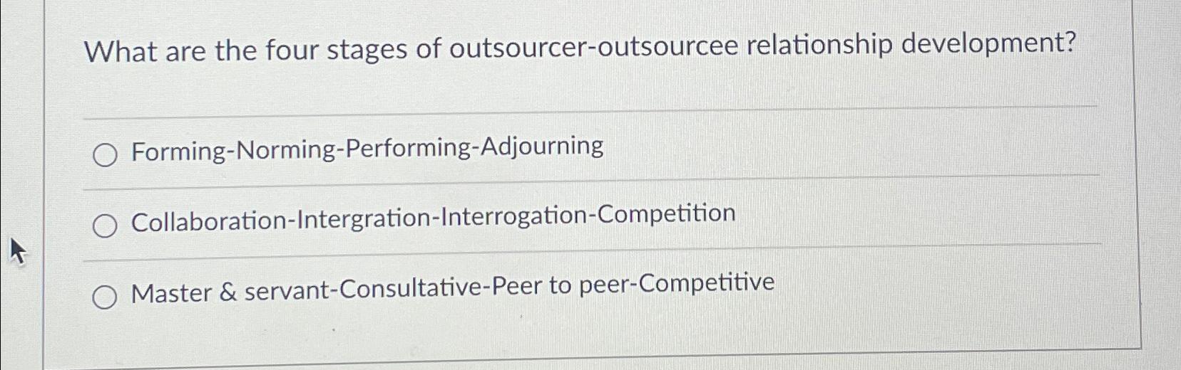 Solved What are the four stages of outsourcer-outsourcee | Chegg.com