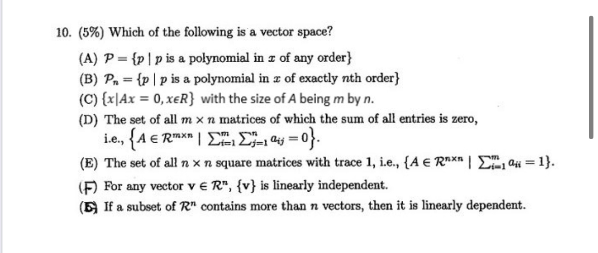 Solved (5%) ﻿Which of the following is a vector space?(A) | Chegg.com