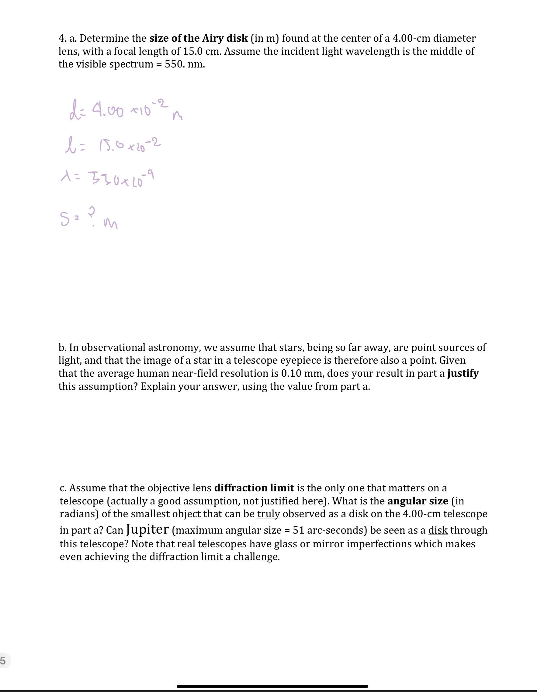 Solved a. ﻿Determine the size of the Airy disk (in meters ) | Chegg.com