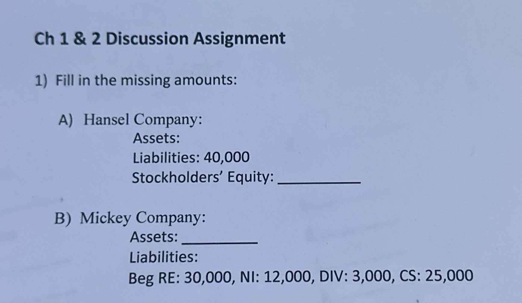 Ch 1 ﻿& 2 ﻿Discussion AssignmentFill in the missing | Chegg.com