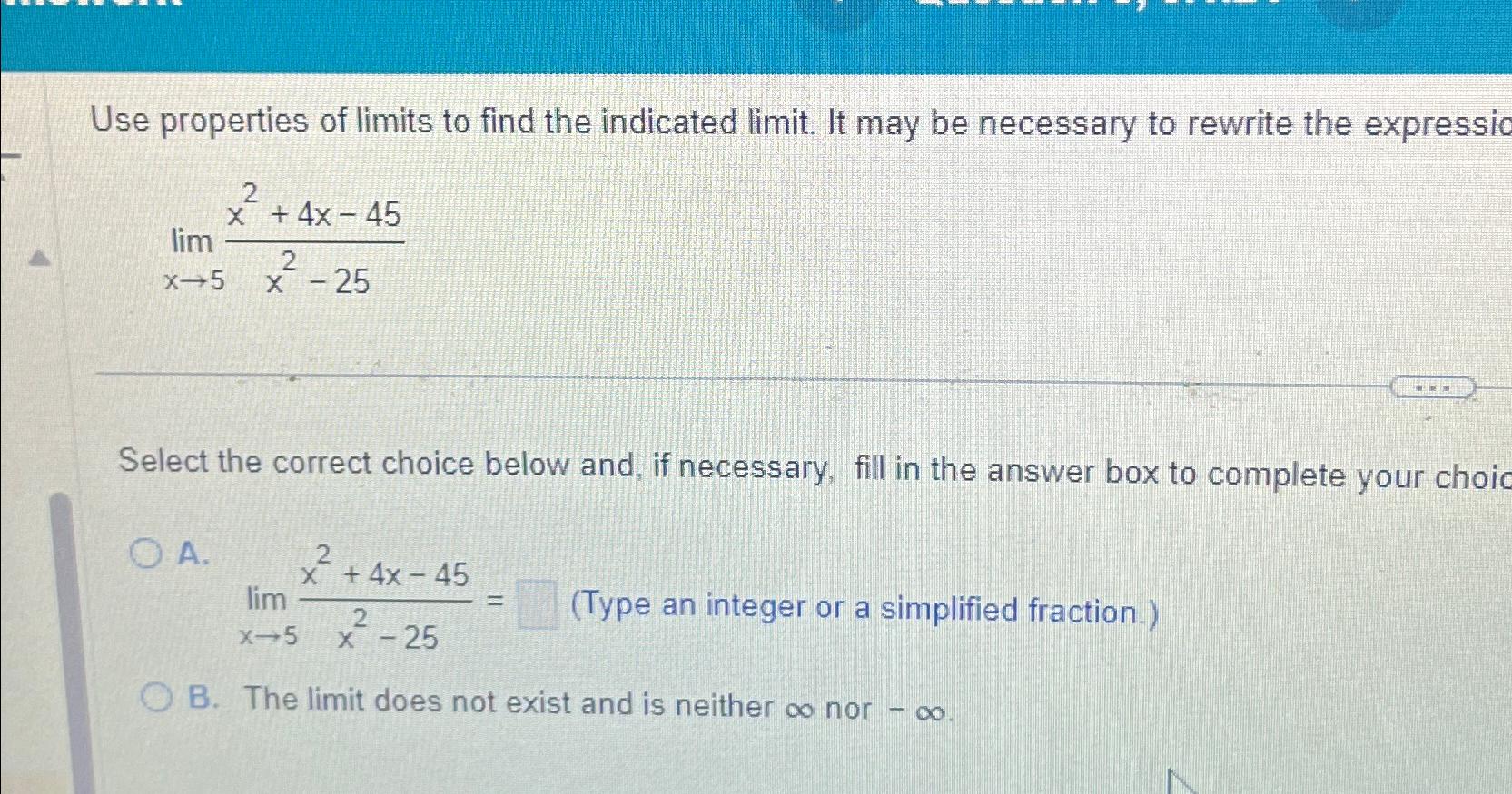 Solved Use properties of limits to find the indicated limit. | Chegg.com