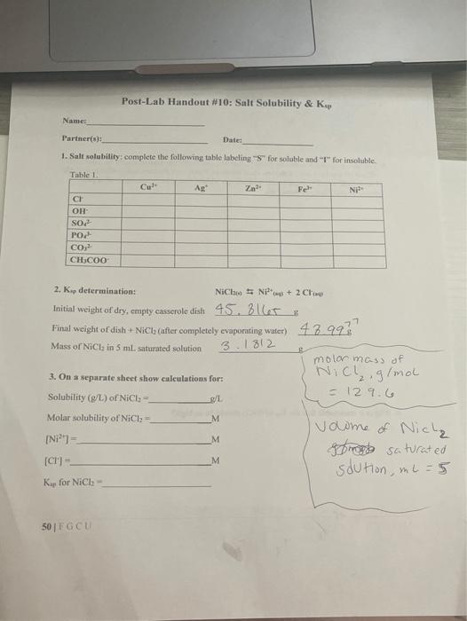 Solved Post-Lab Handout #10: Salt Solubility & K. Name: | Chegg.com