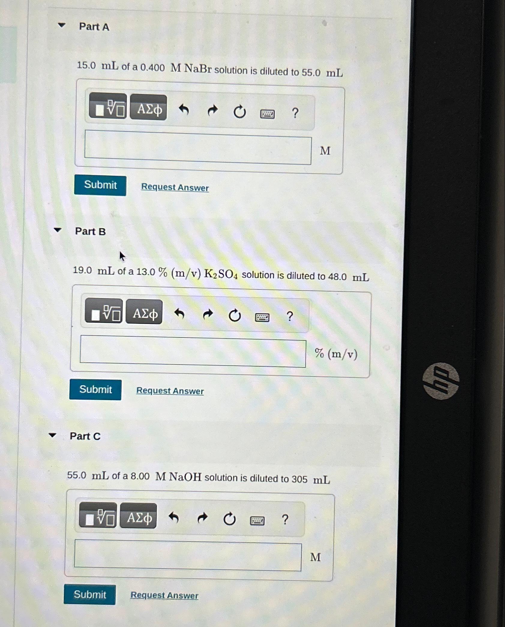 Solved Part A15.0mL ﻿of a 0.400MNaBr solution is diluted to | Chegg.com