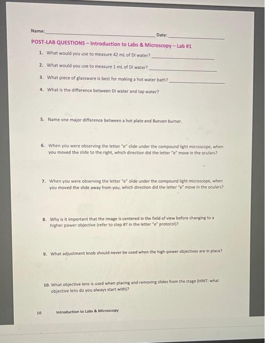 Solved Name: Date: POST-LAB QUESTIONS - Introduction to Labs | Chegg.com