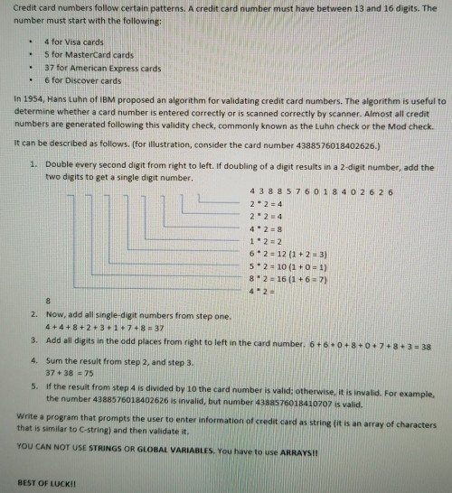 Solved Credit card numbers follow certain patterns. A credit | Chegg.com