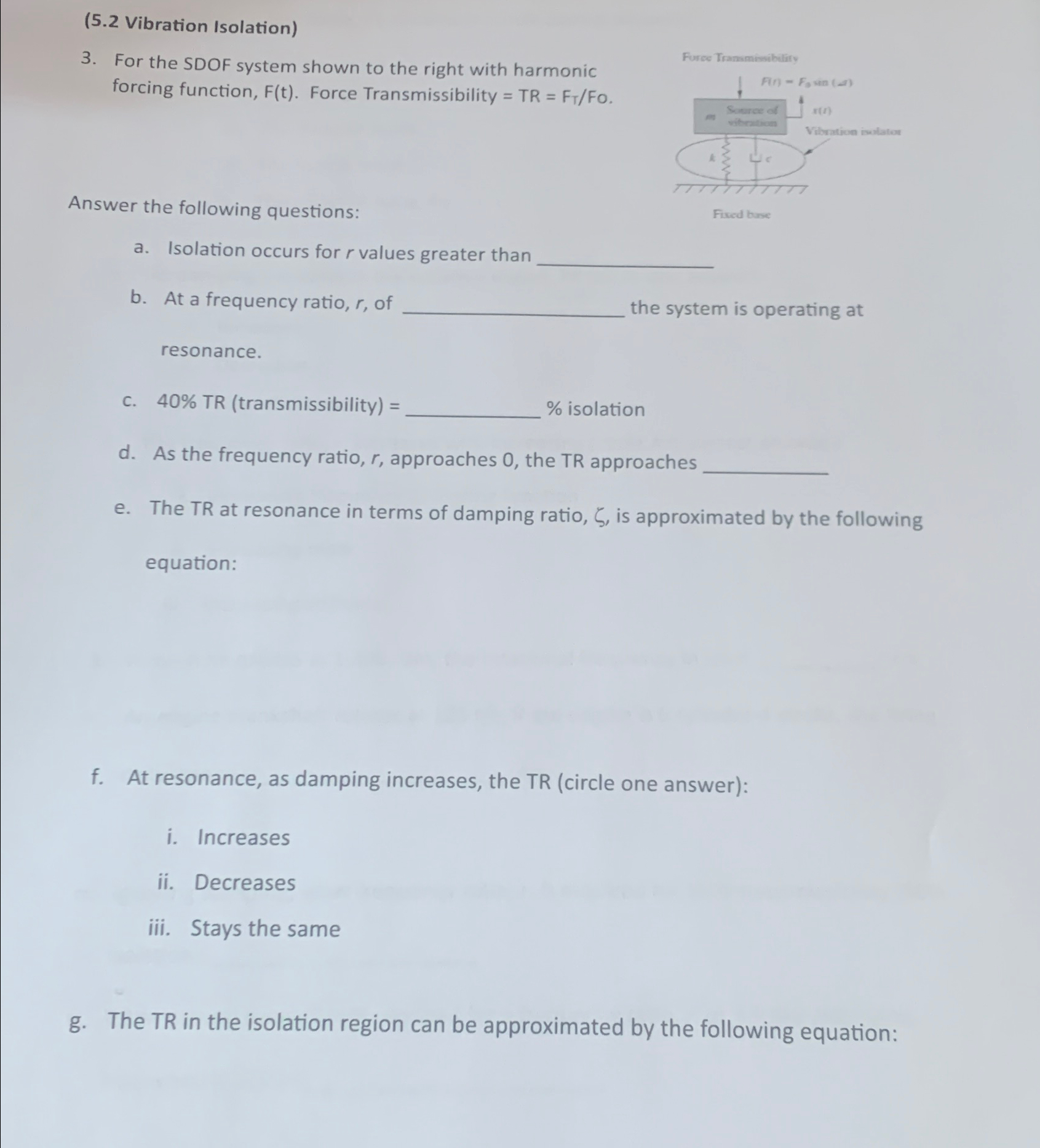 Solved (5.2 ﻿Vibration Isolation)3. ﻿For the SDOF system | Chegg.com