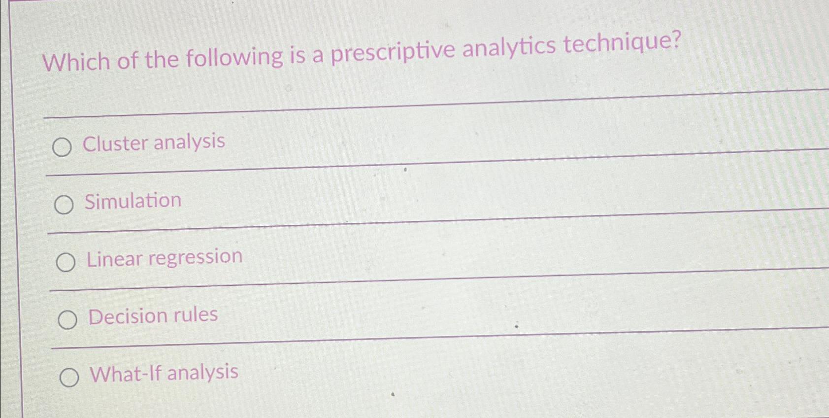 Solved Which of the following is a prescriptive analytics | Chegg.com