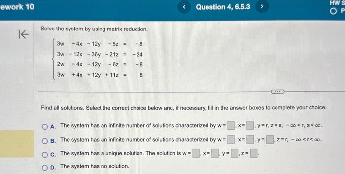 Solved Solve the system by using matrix reduction. | Chegg.com