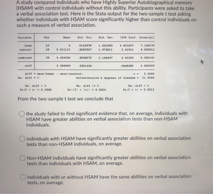 Solved A study compared individuals who have Highly Superior | Chegg.com