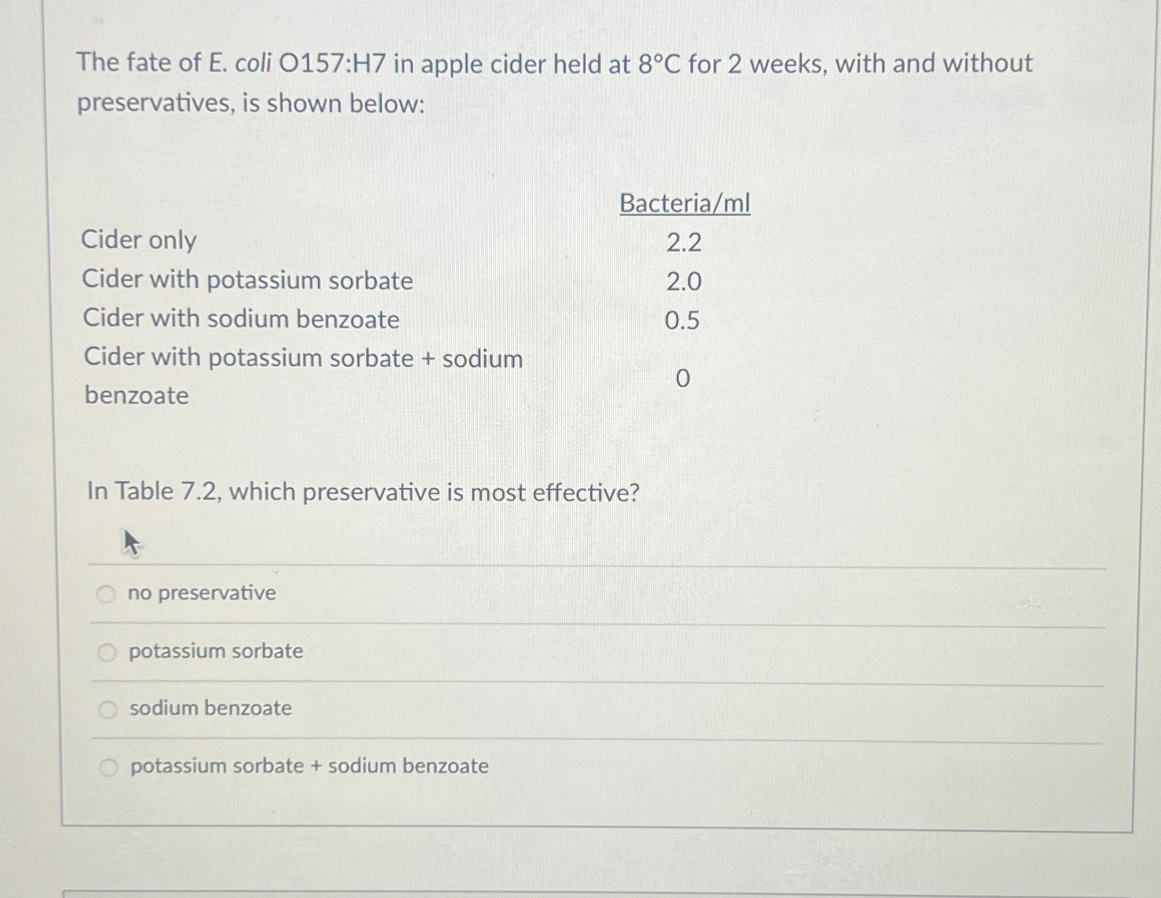 Solved The fate of E. ﻿coli O157:H7 ﻿in apple cider held at | Chegg.com