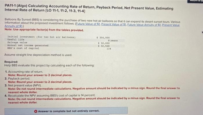 Solved PA11-1 (Algo) Calculating Accounting Rate of Return, | Chegg.com