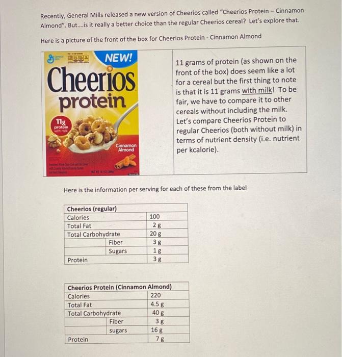 Solved Given your answer to #3, is Cheerios Protein | Chegg.com