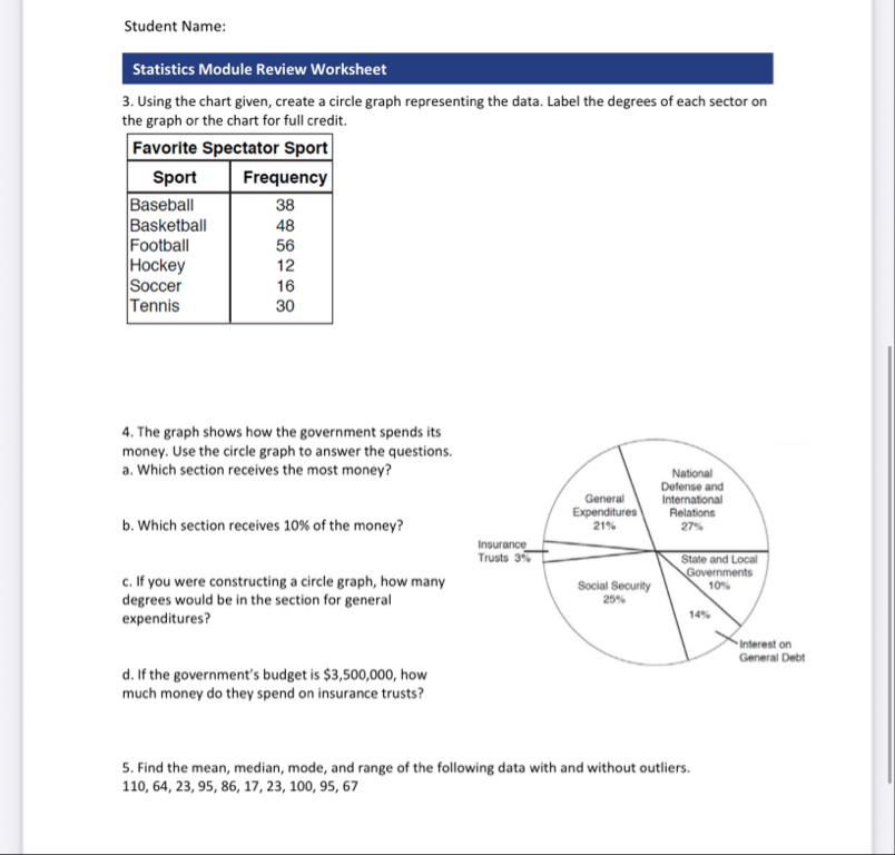 Student Name:Statistics Module Review Worksheet3. | Chegg.com