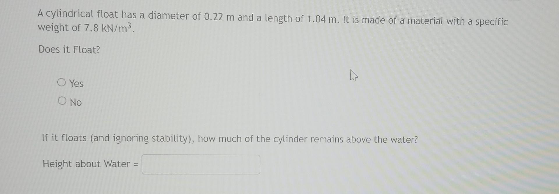 Solved A cylindrical float has a diameter of 0.22 m and a | Chegg.com