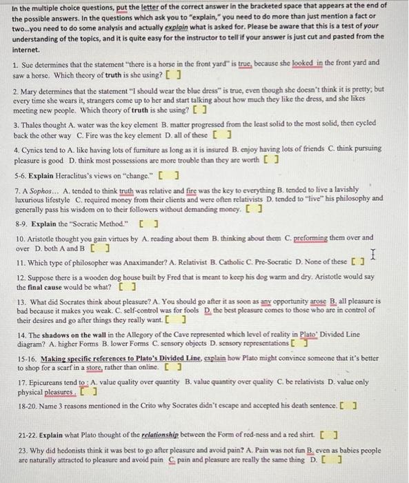 In the multiple choice questions, put the letter of | Chegg.com