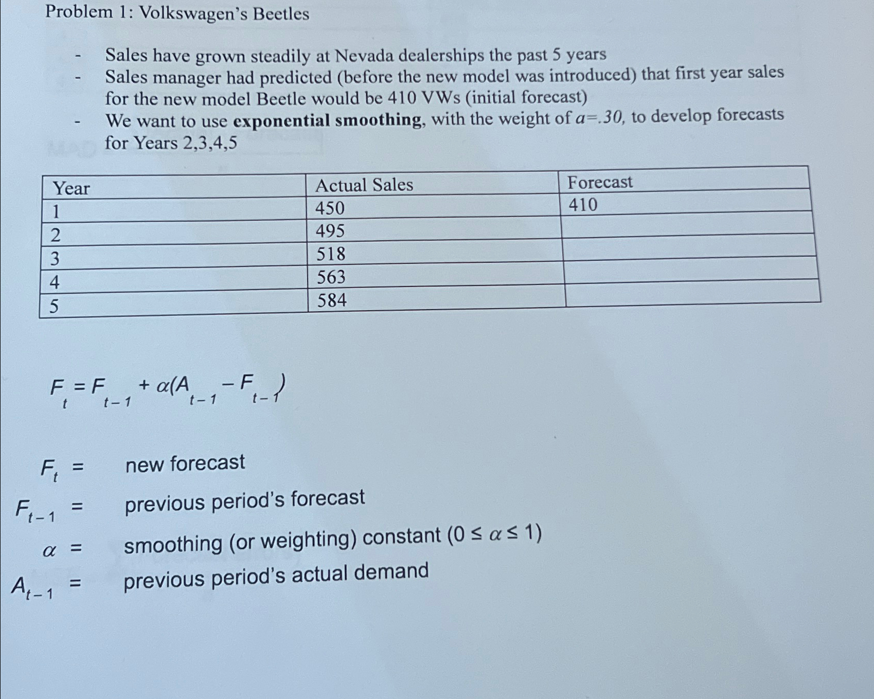 Solved Problem 1: Volkswagen's BeetlesSales have grown | Chegg.com