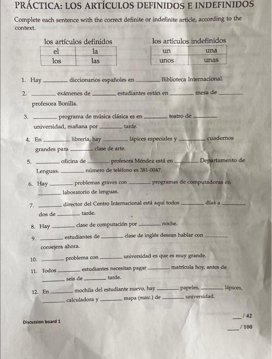 PRÁCTICA: LOS ARTÍCULOS DEFINIDOS E INDEFINIDOS | Chegg.com